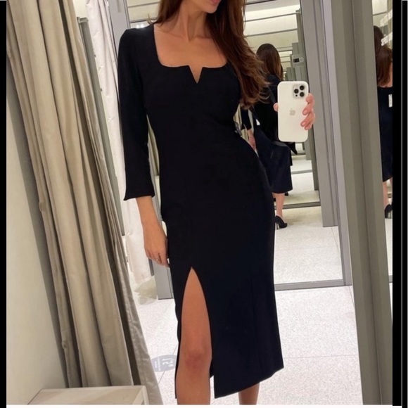 Zara | Dresses | Zara Square Neck Midi Dress Black | Poshmark